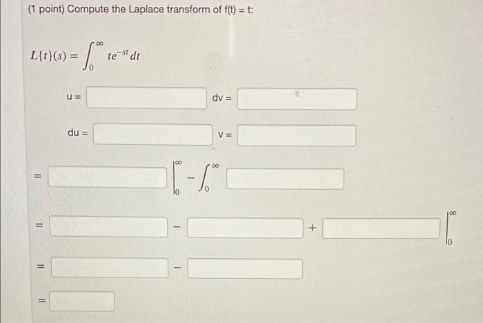 Solved (1 point) Compute the Laplace transform of f(t)=t : | Chegg.com