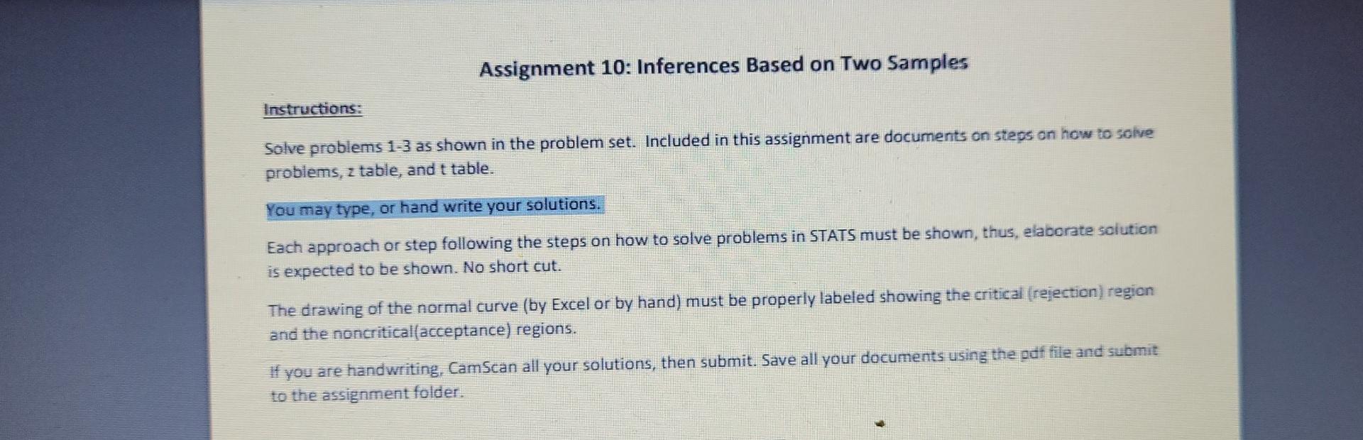 Solved Assignment 10: Inferences Based on Two Samples | Chegg.com