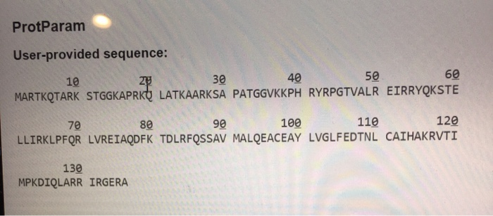 Solved ProtParam User-provided sequence: 29 30 40 60 50 | Chegg.com