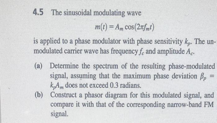 Solved 4.5 The sinusoidal modulating wave m(t)=Amcos(2πfmt) | Chegg.com