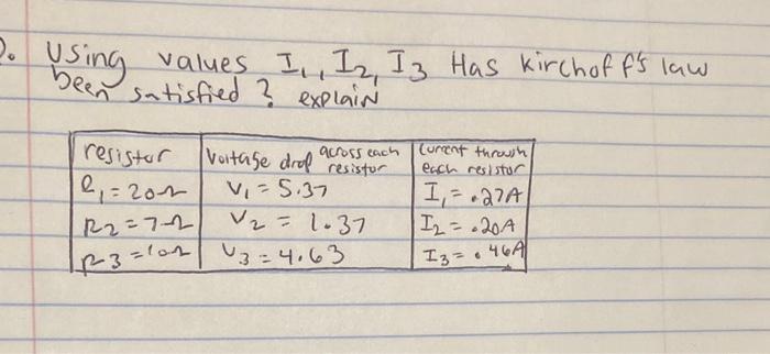 Solved Using values I1,I2,I3 Has kirchof f's law been | Chegg.com