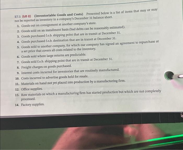 Solved E7.1 (LO 2) (Inventoriable Goods and Costs) Presented | Chegg.com