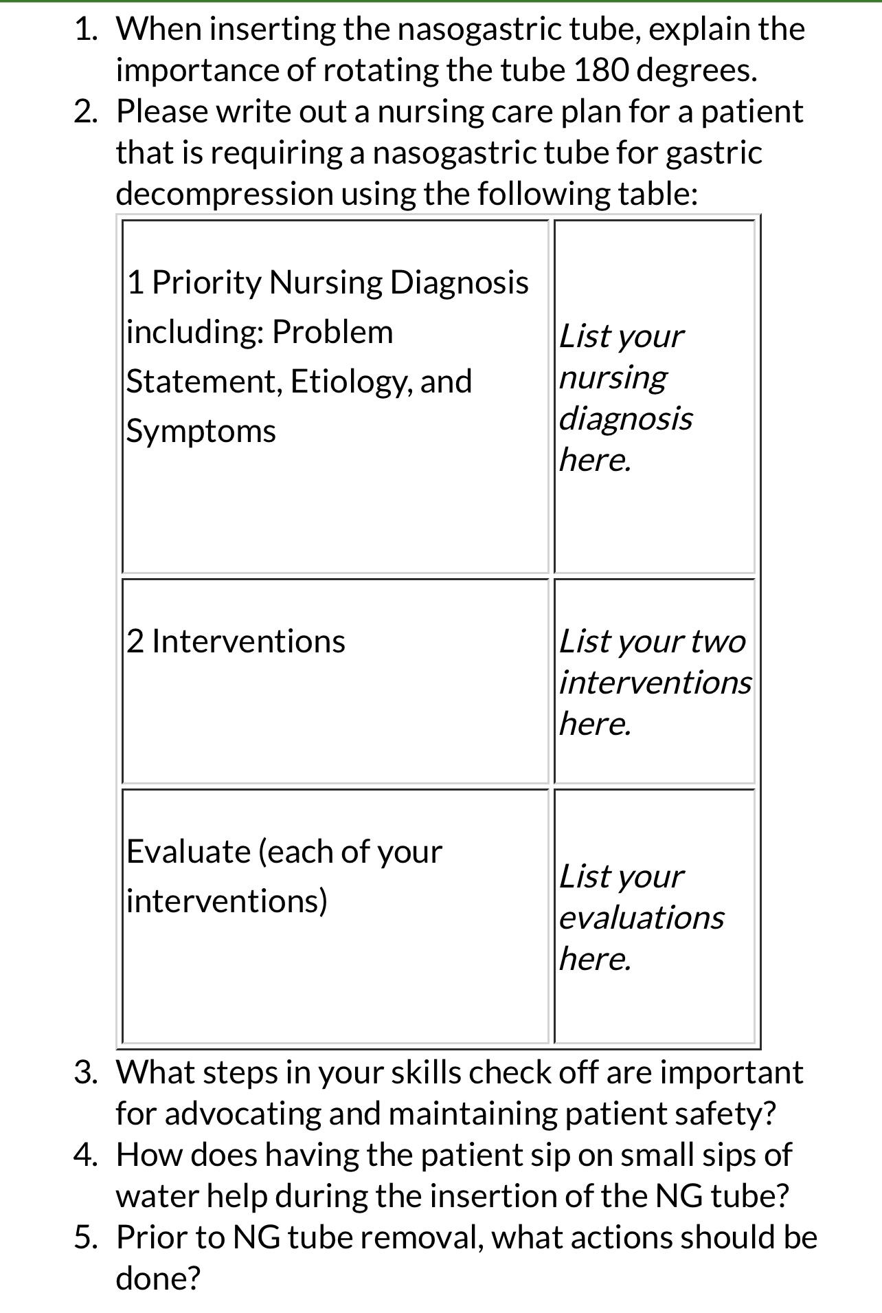 Solved When inserting the nasogastric tube, explain the | Chegg.com