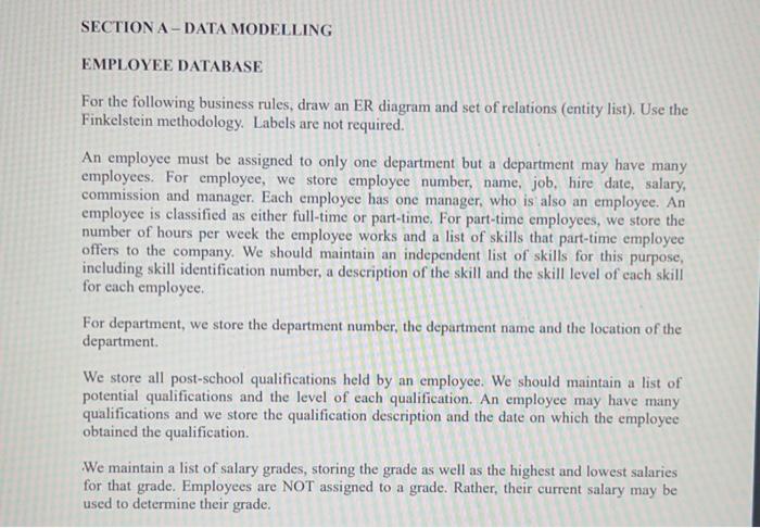 Solved SECTION A-DATA MODELLING EMPLOYEE DATABASE For the | Chegg.com