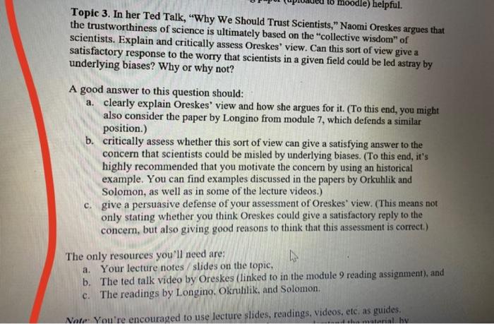 moodle, helpful. Topic 3. In her Ted Talk, “Why We | Chegg.com