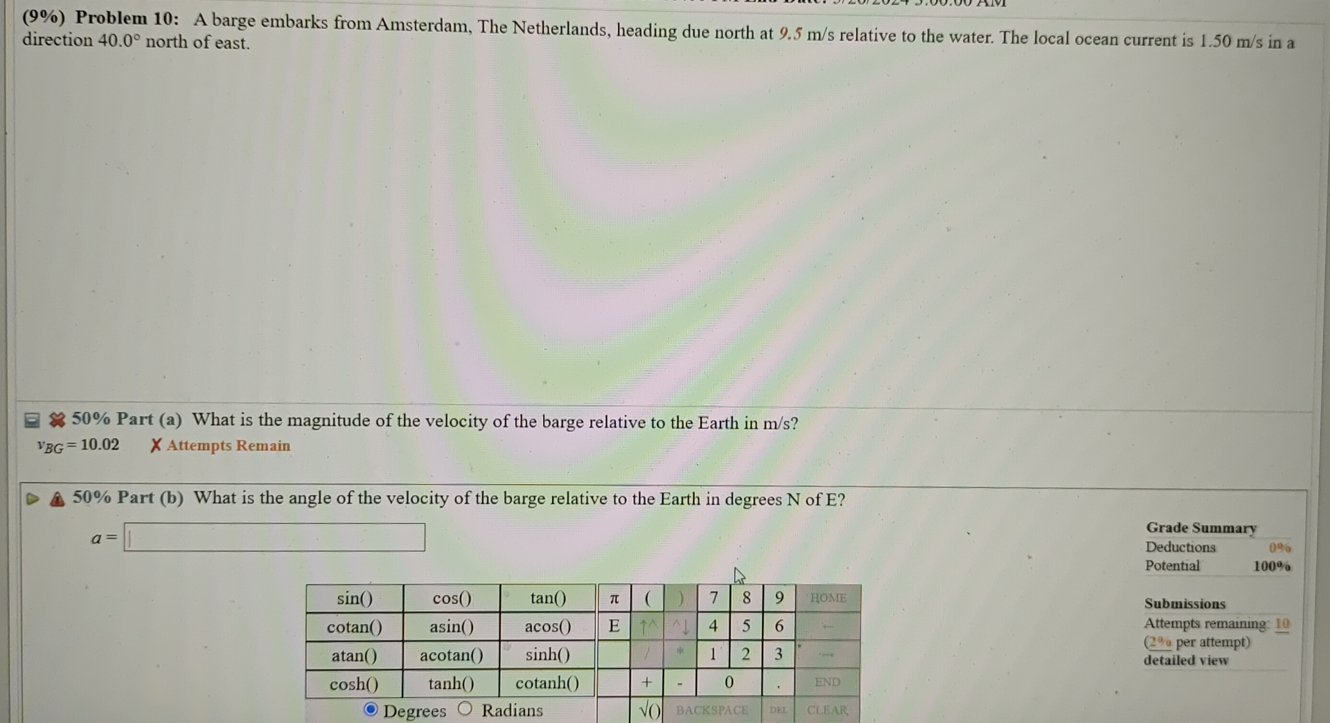 Solved (9%) ﻿Problem 10: A barge embarks from Amsterdam, The | Chegg.com