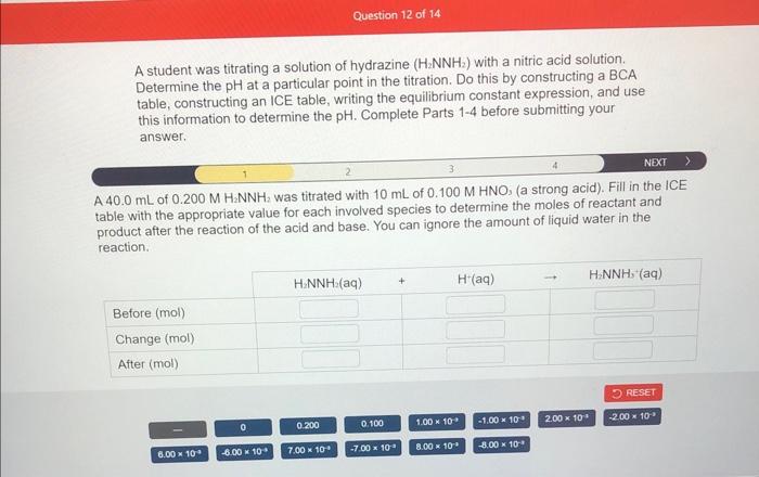 Solved A student was titrating a solution of hydrazine | Chegg.com