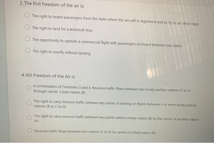 Solved 3. The first freedom of the air is: The right to | Chegg.com