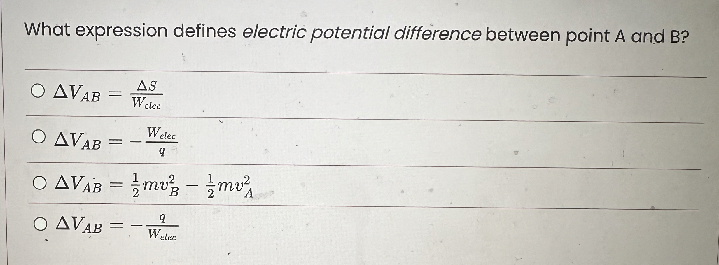 Solved What expression defines electric potential difference | Chegg.com