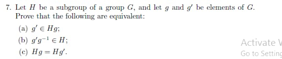 Solved Let H ﻿be a subgroup of a group G, ﻿and let g ﻿and g' | Chegg.com