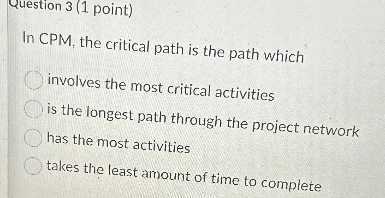 Solved Question 3 (1 ﻿point)In CPM, ﻿the critical path is | Chegg.com