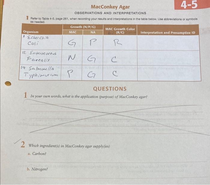MacConkey Agar OBSERVATIONS AND INTERPRETATIONS 1 | Chegg.com