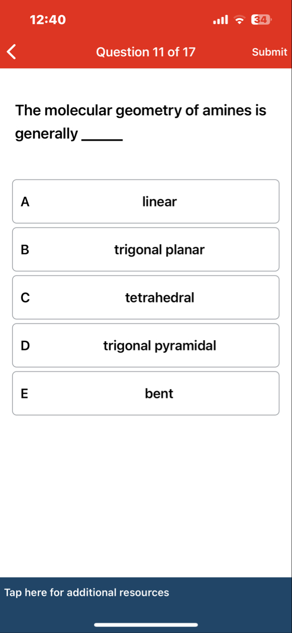 Solved 12:4034Question 11 ﻿of 17SubmitThe molecular geometry | Chegg.com