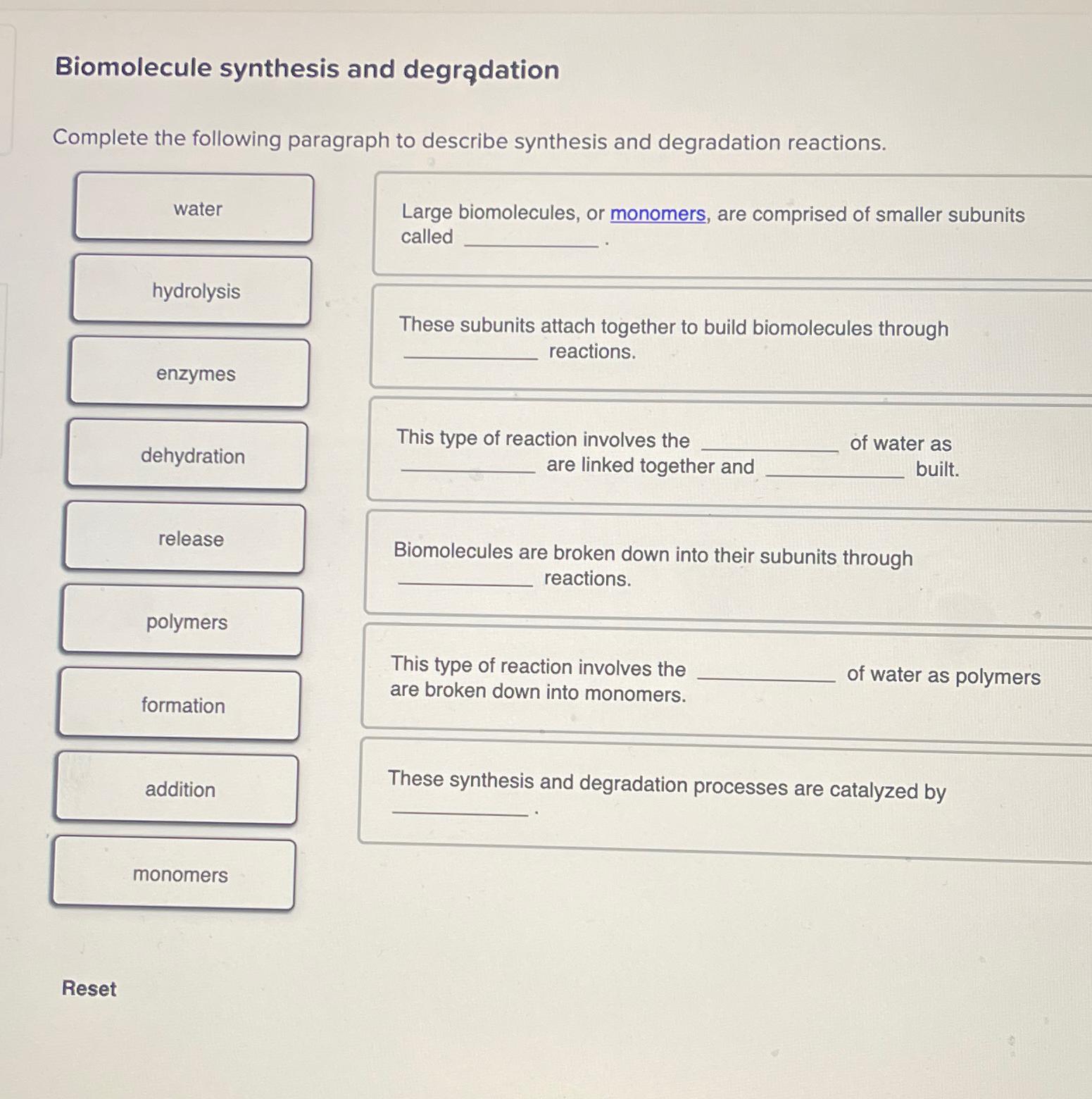 Solved Biomolecule synthesis and degrądationComplete the | Chegg.com