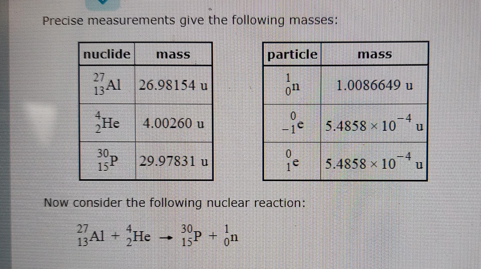 Solved Precise measurements give the following masses: | Chegg.com