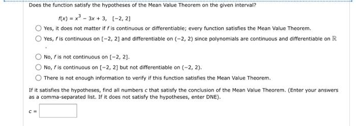 Solved Does the function satisfy the hypotheses of the Mean | Chegg.com