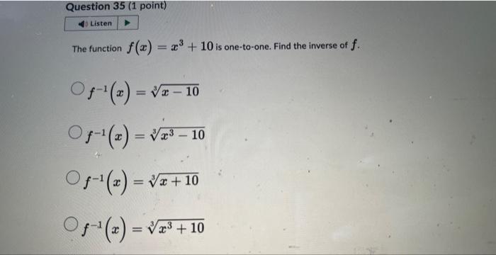 Solved The function f(x)=x3+10 is one-to-one. Find the | Chegg.com