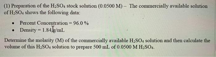 Solved 1. Preparation of 0.05 M H2SO4 Solution Calculate the | Chegg.com