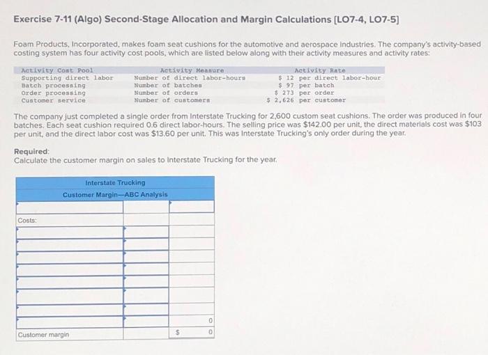 Solved Exercise 7-11 (Algo) Second-Stage Allocation and | Chegg.com