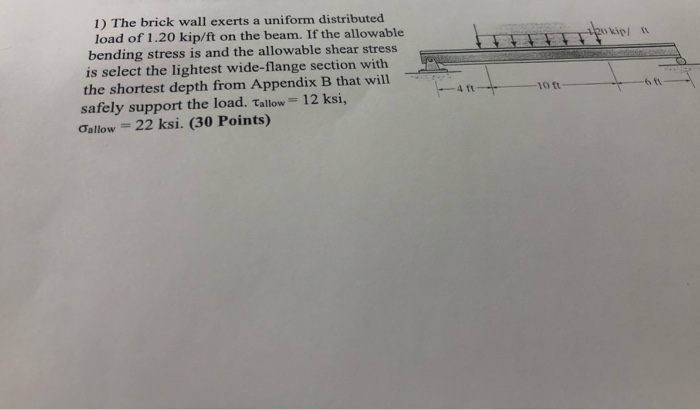 Solved 1) The brick wall exerts a uniform distributed load | Chegg.com