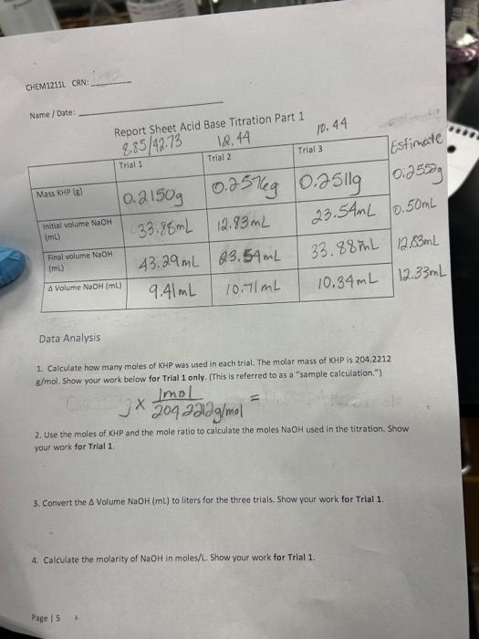 Solved Name/Date: Data Analysis 1. Calcuiate how many moles | Chegg.com