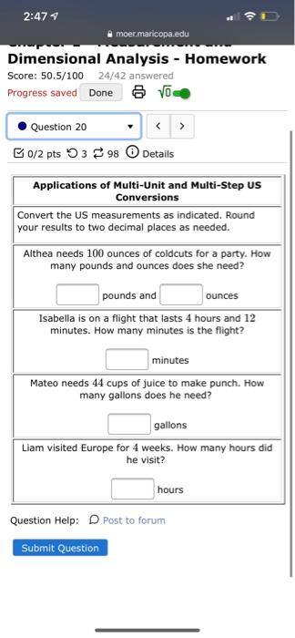 Solved 2:47 moer.maricopa.edu Dimensional Analysis - | Chegg.com