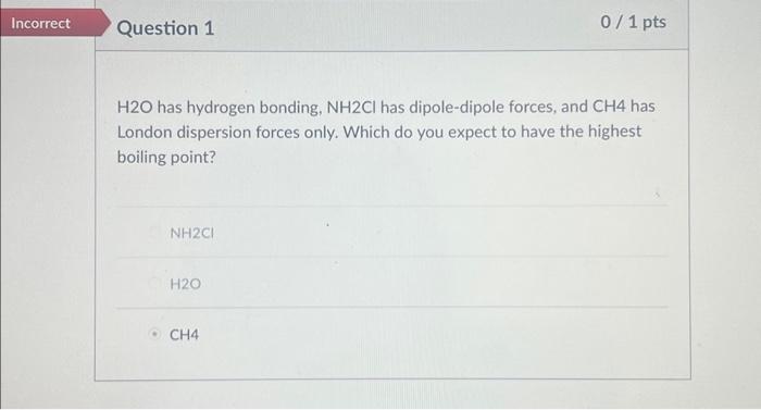 Solved Question 1 H2O has hydrogen bonding, NH2Cl has | Chegg.com