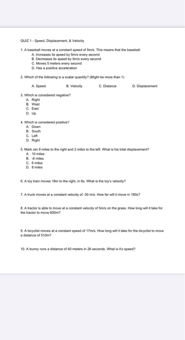 Solved QUIZ 1 - Speed Displacement & Velocity 1. A baseball | Chegg.com