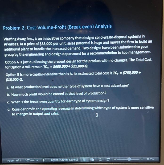 Solved Problem 2: Cost-Volume-Profit (Break-even) Analysis | Chegg.com