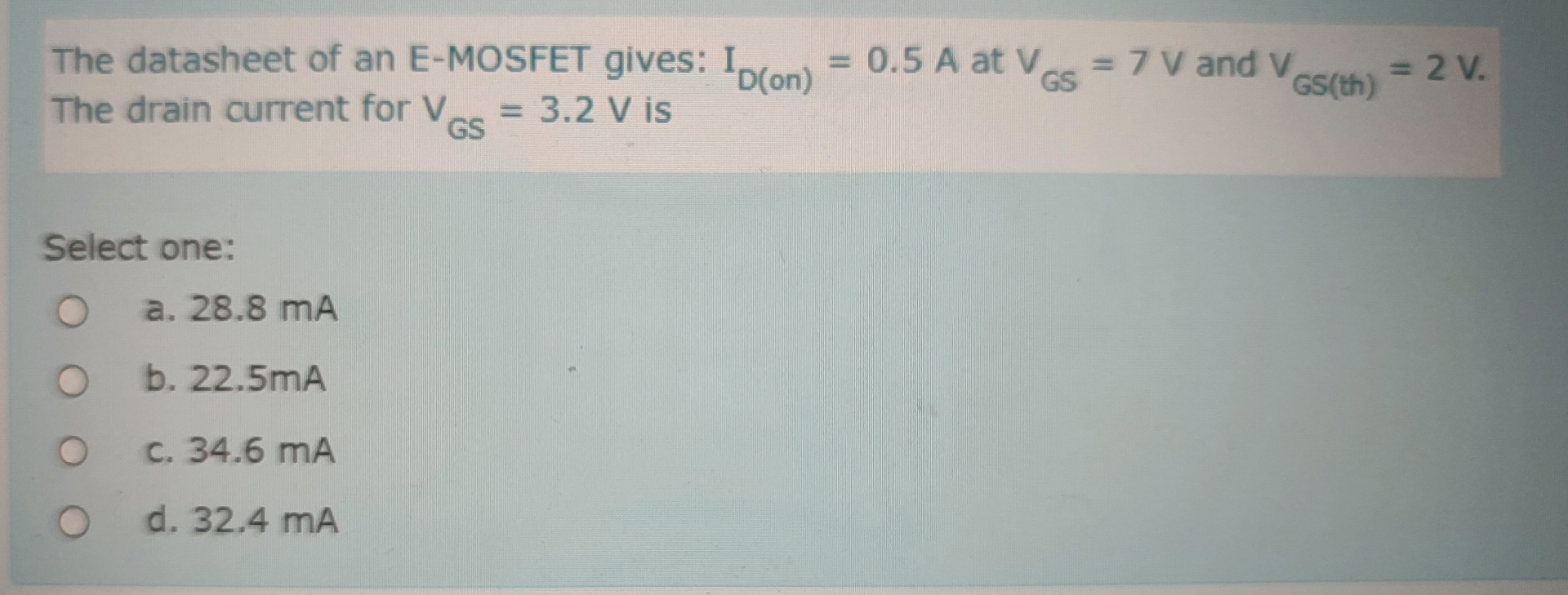 Solved The datasheet of an E-MOSFET gives: ID( on )=0.5A ﻿at | Chegg.com