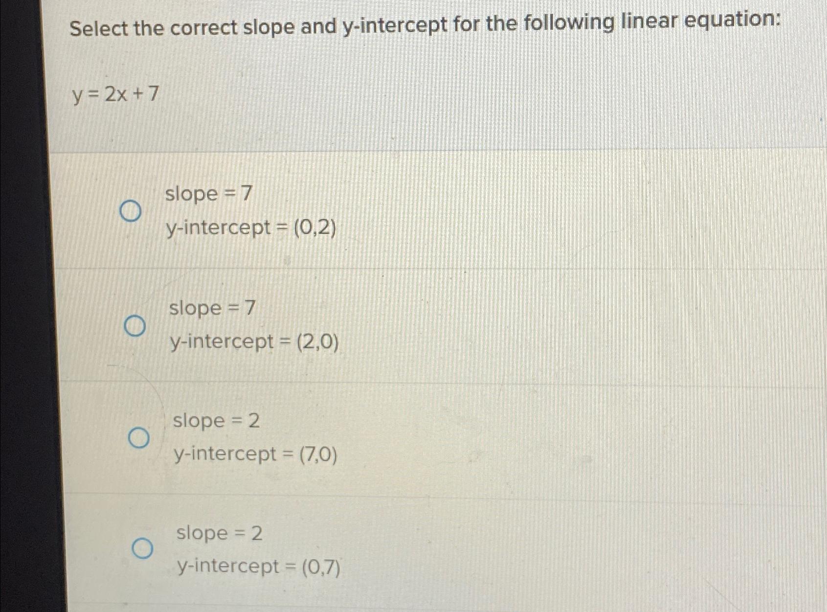 Solved Select the correct slope and y-intercept for the | Chegg.com