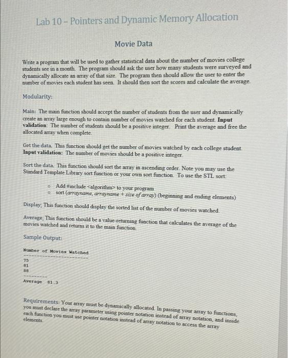Solved Lab 10 - Pointers and Dynamic Memory Allocation Movie | Chegg.com
