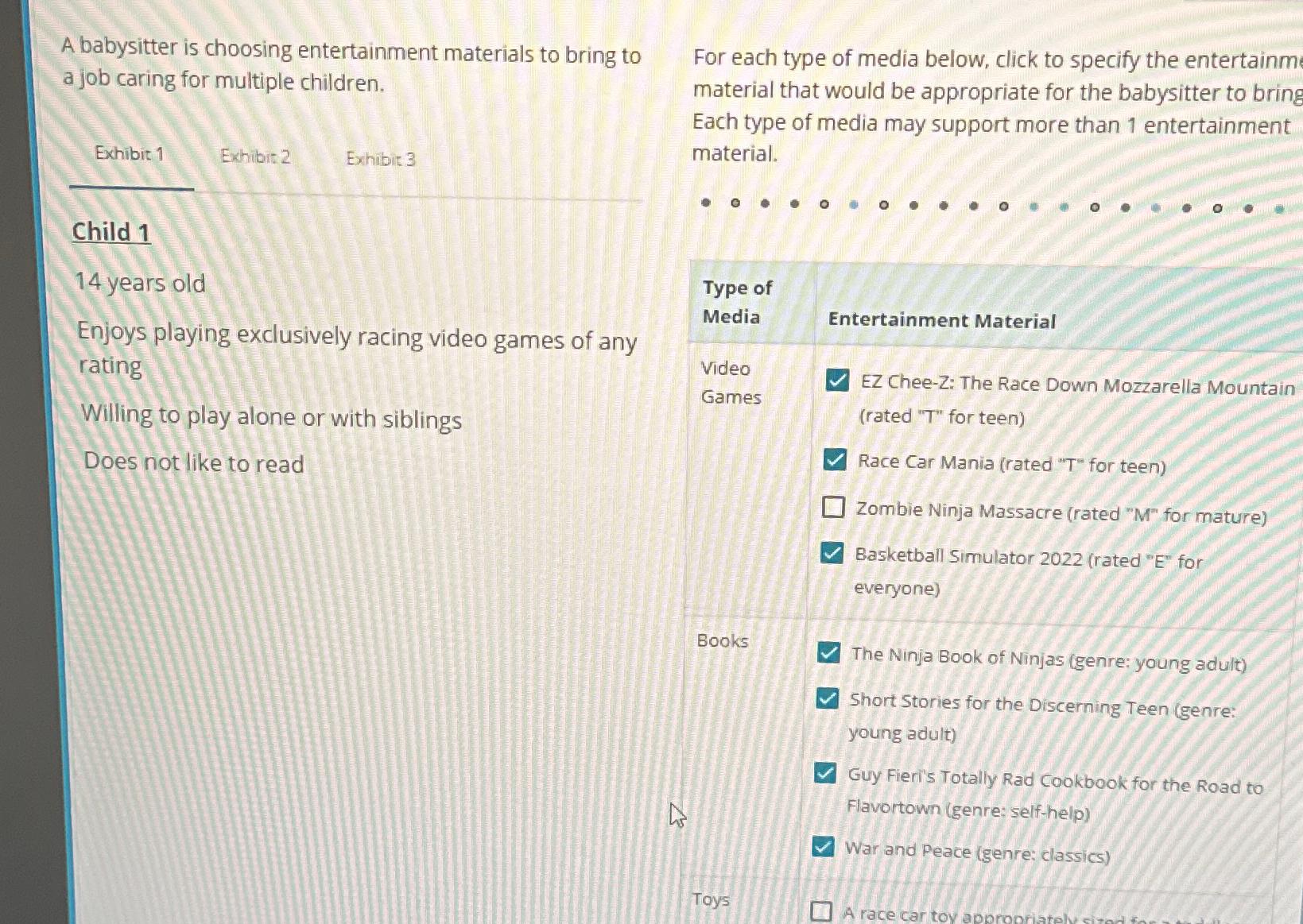 Solved A babysitter is choosing entertainment materials to | Chegg.com Solved A babysitter is choosing entertainment materials to | Chegg.com