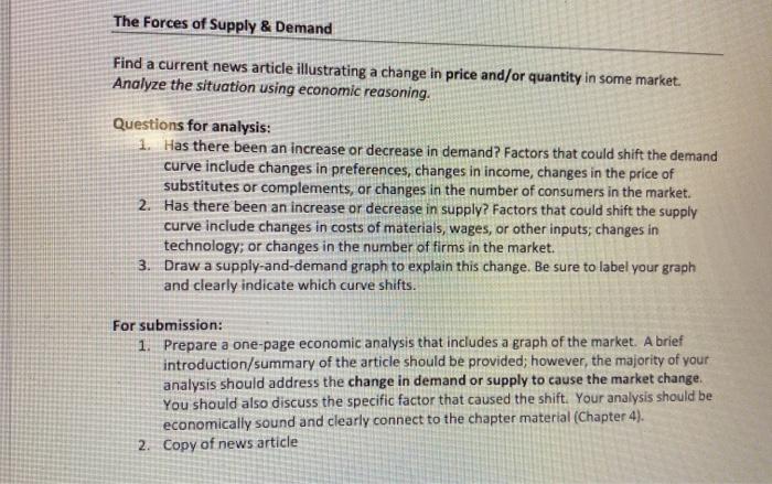 The Forces of Supply & Demand Find a current news | Chegg.com