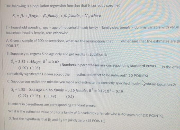 Solved The following is a population regression function | Chegg.com