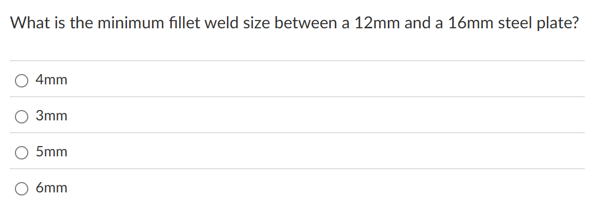 Solved What is the minimum fillet weld size between a 12 ﻿mm | Chegg.com