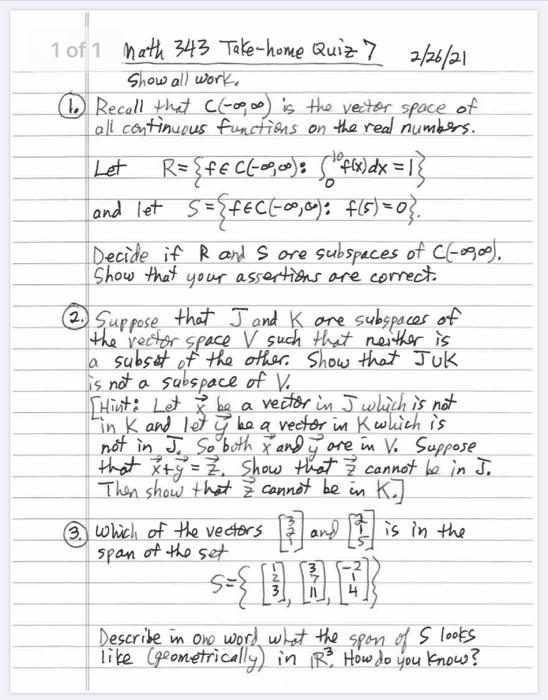 Solved 1 of 1 math 343 Take-home Quiz 7 2/26/21 Show all | Chegg.com