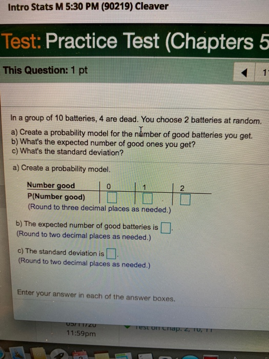 Solved Intro Stats M 5:30 PM (90219) Cleaver Test: Practice | Chegg.com