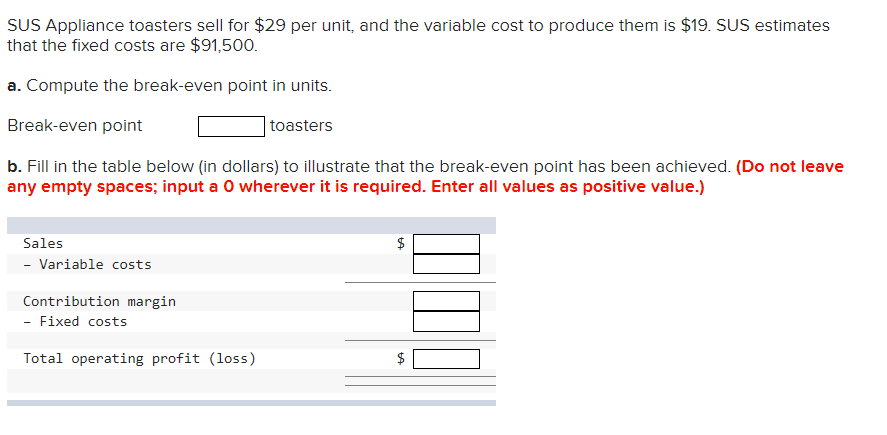 Solved SUS Appliance toasters sell for $29 ﻿per unit, and | Chegg.com