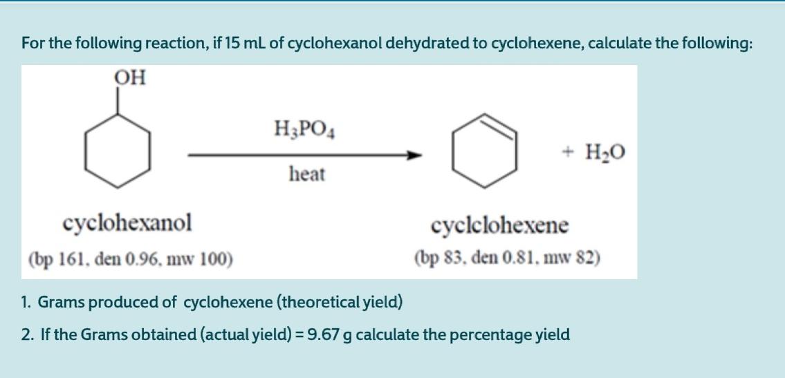 Solved For the following reaction, if 15 mL of cyclohexanol | Chegg.com
