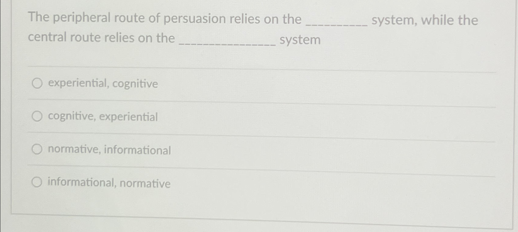 Solved The peripheral route of persuasion relies on the | Chegg.com
