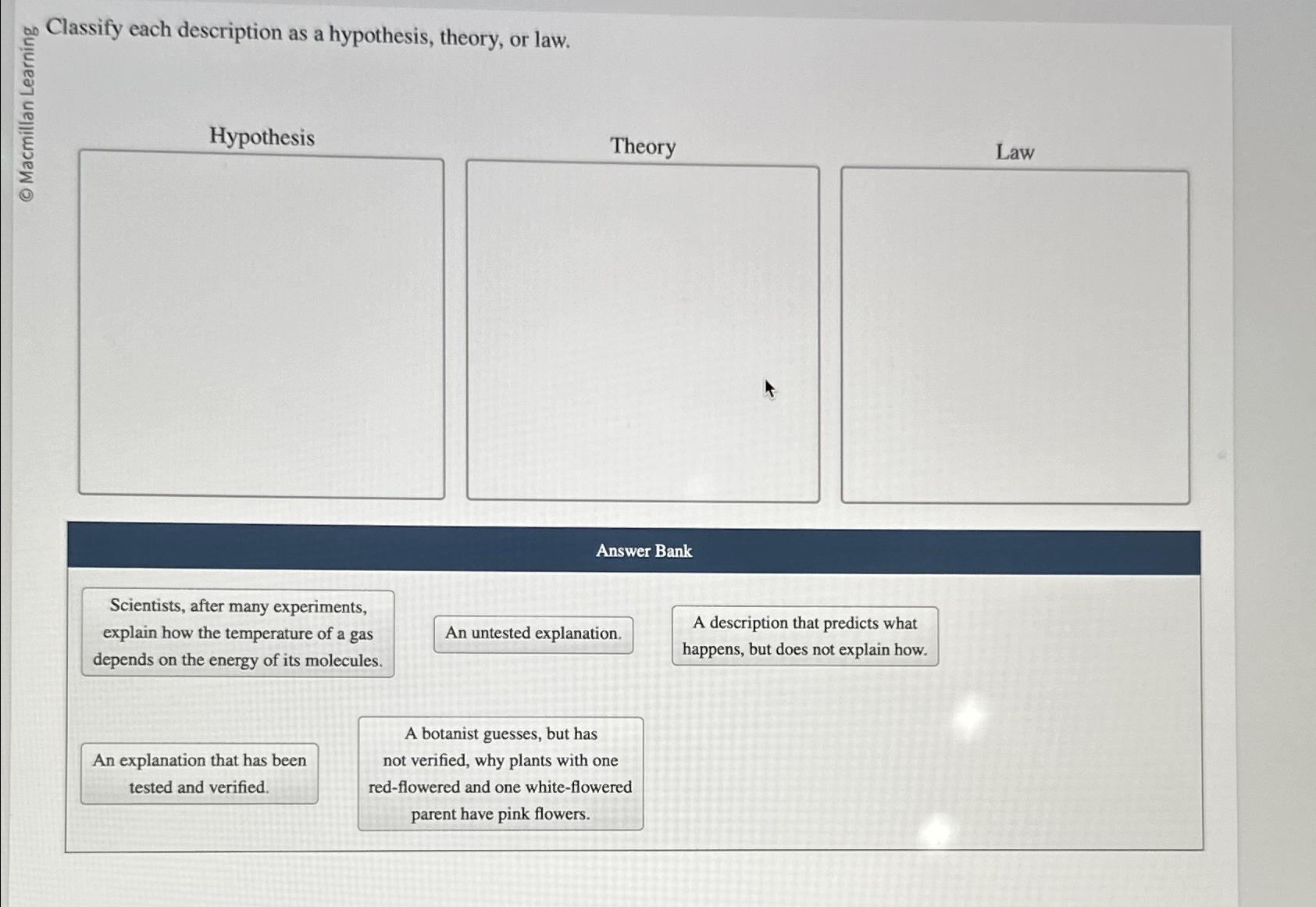 Solved at Classify each description as a hypothesis, theory, | Chegg.com