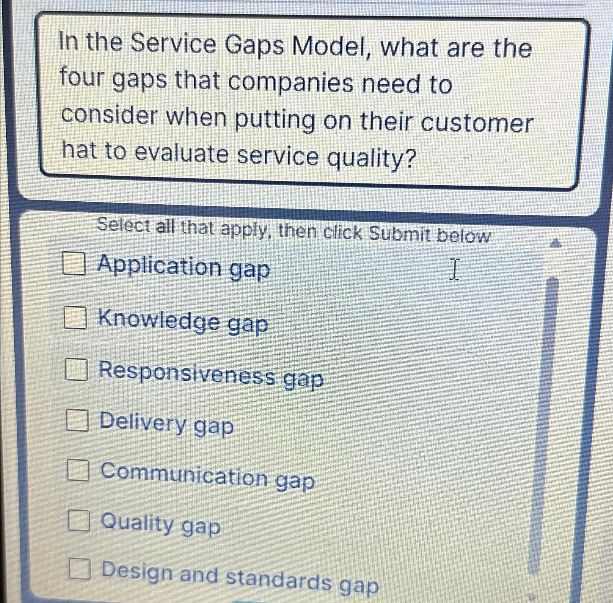 Solved In the Service Gaps Model, what are the four gaps | Chegg.com