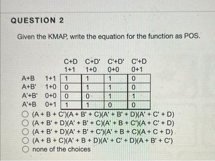 Solved QUESTION 2 Given the KMAP, write the equation for the | Chegg.com