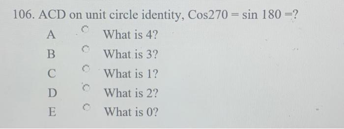 Solved 106. ACD on unit circle identity, Cos270=sin180= ? A | Chegg.com