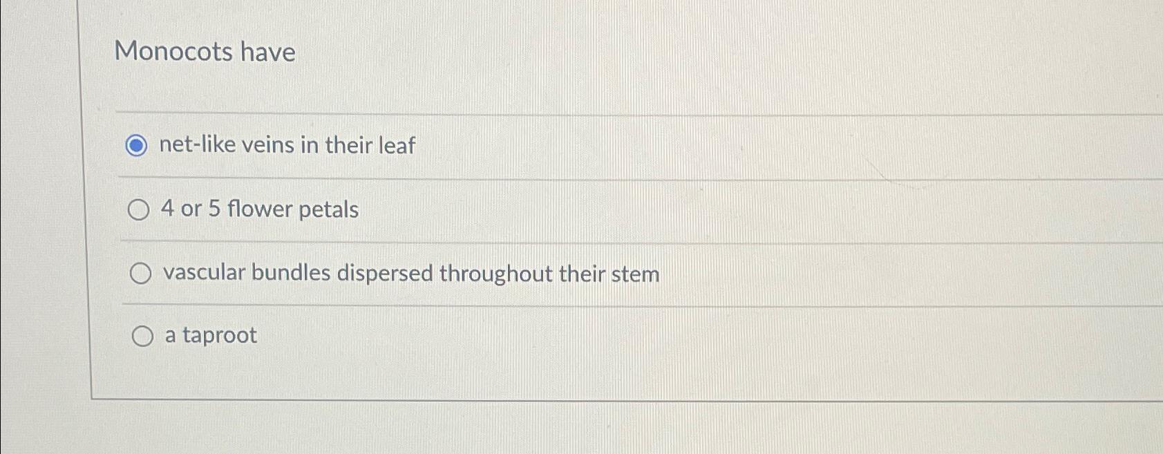Solved Monocots havenet-like veins in their leaf4 ﻿or 5 | Chegg.com