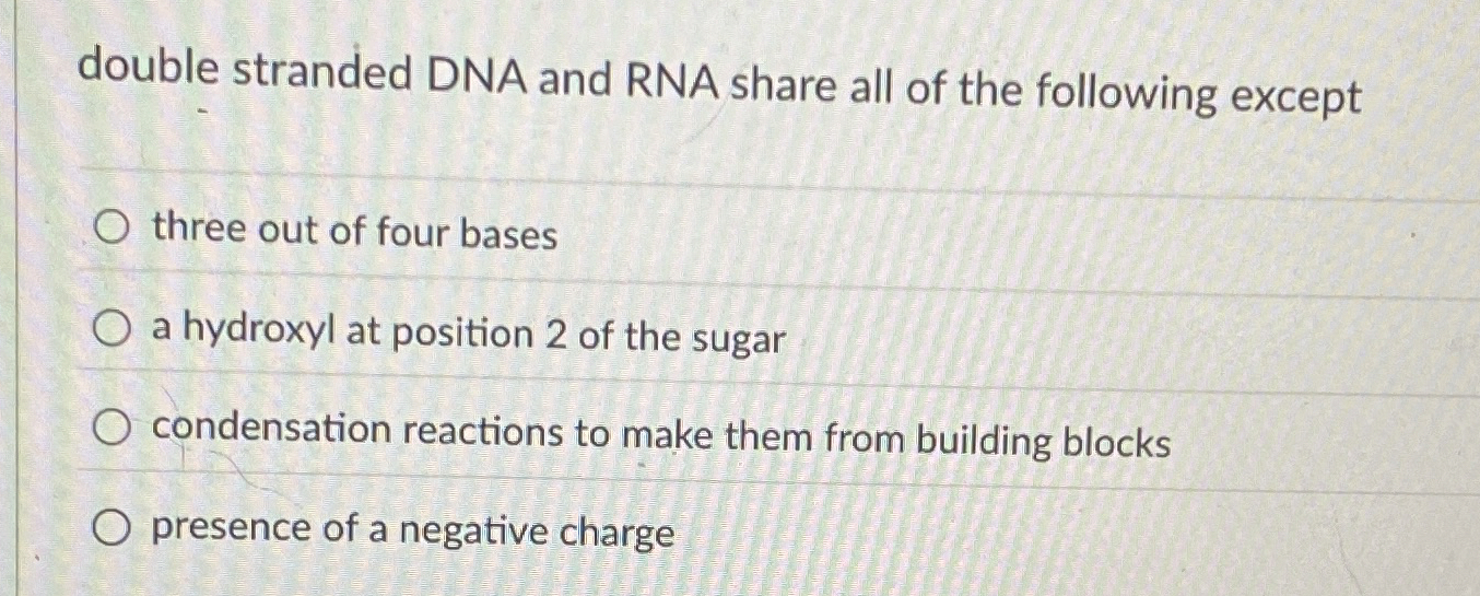 Solved double stranded DNA and RNA share all of the | Chegg.com