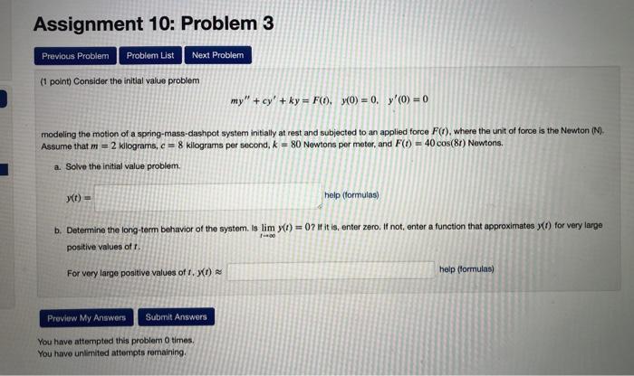 Solved Assignment 10: Problem 3 Previous Problem Problem | Chegg.com