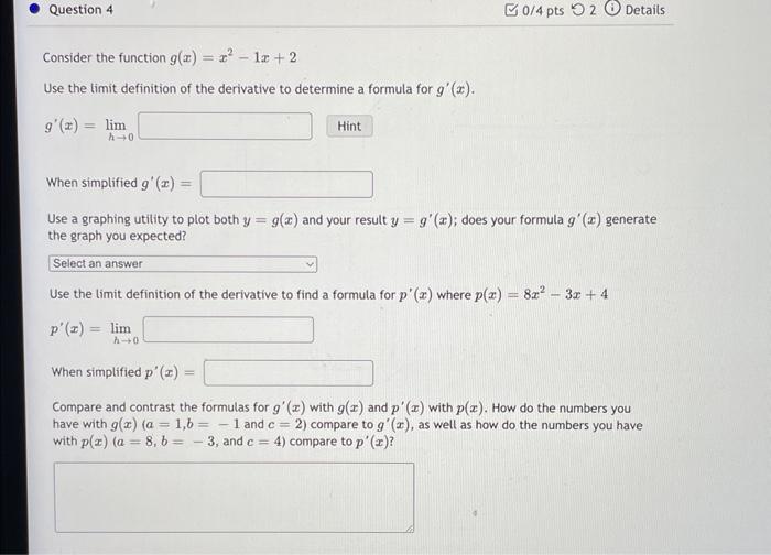 Solved Consider the function g(x)=x2−1x+2 Use the limit | Chegg.com