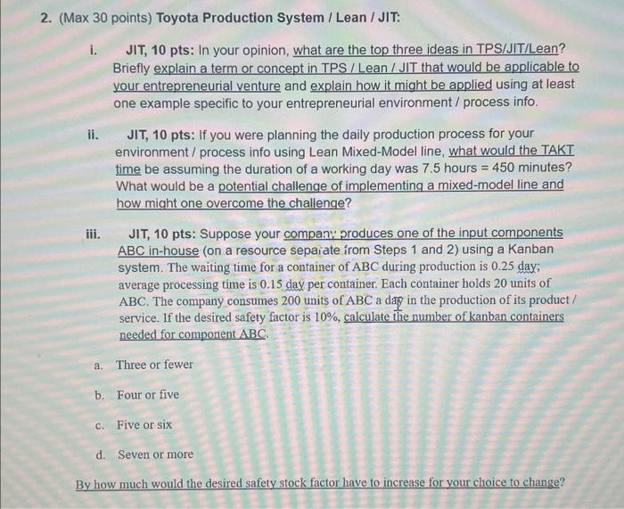 Solved (Max 30 points) Toyota Production System / Lean / | Chegg.com